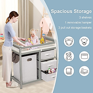 Baby Changing Table - Changing Station with Laundry Hamper, 3 Storage Baskets, and Pad, Multi Storage Nursery Changing Table for Infants or Babies (Light Grey)