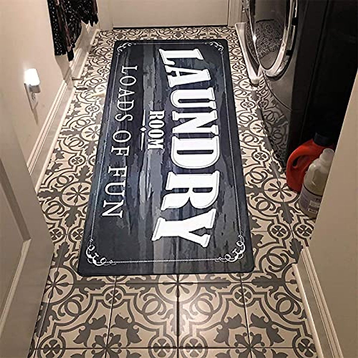 ABREEZE Laundry Room Rug 20x59 Load of Fun Rug Floor Mat for Washroom Mudroom Rubber Runner Farmhouse Large Laundry Rug Mat Washer and Dryer Carpet Black Laundry Room Decor and Accessories