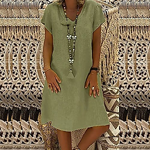 Ceboyel Summer Dresses for Girls Women Cotton Linen Short Dress Summer Shirt Dress V Neck Short Sleeve Beach Dresses Boho Ladies Clothing 2023 Green 2X