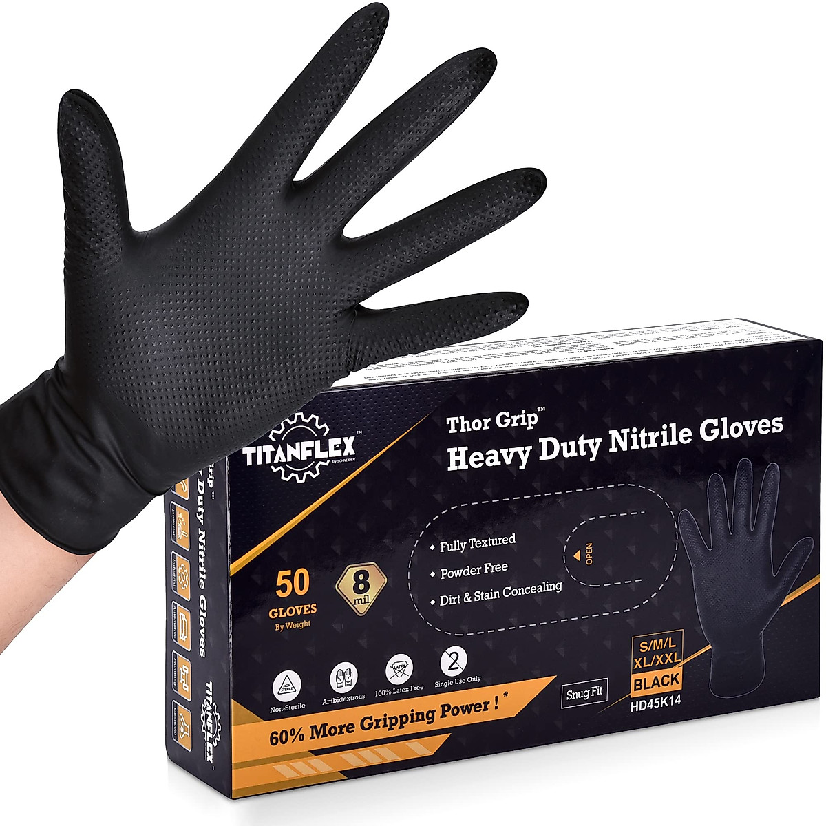 TitanFlex Medium Black Nitrile Gloves, 8-mil, 50-Pack, 100% Latex-Free, 60% More Gripping Power Than Regular Gloves, Heavy Duty Puncture Resistant, Professional Appearance