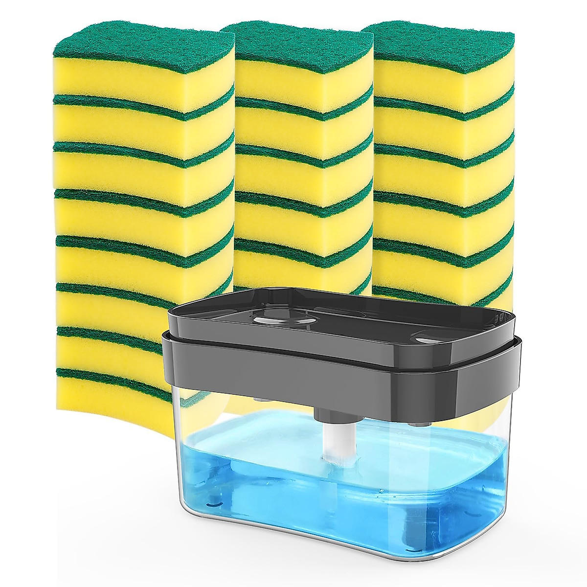 HOMEXCEL Dish Soap Dispenser with 24 Scrub Sponges for Kitchen Sink, 2 in-1 Premium Soap Dispenser with Sponge Holder, 24 Cleaning Sponges with Dishwashing Soap Pump Dispenser for Kitchen Countertop