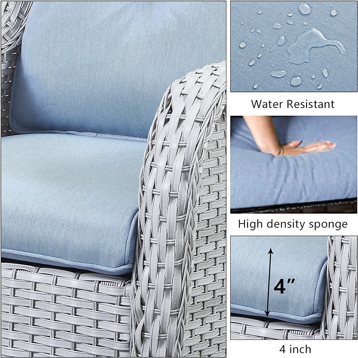 HUMMUH Patio Furniture 6 Pieces Outdoor Furniture Set Wicker Outdoor Sectional Sofa with Swivel Rocking Chairs,Patio Ottomans,Patio Coffee Table(Light Grey/Light Blue)