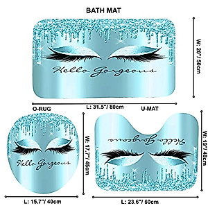 Bellcon 4Pcs Turquoise Hello Gorgeous Bathroom Sets with Rugs and Accessories for Women Lake Blue Bling Eyelash Shower Curtains Sets with Rugs Soft Bath Mat and Toilet Seat Cover