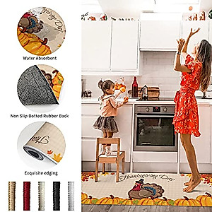 YOKOU Thanksgiving Kitchen Rugs, Day Fall Cartoon Turkey Pumpkin Maple Leaf Orange Non Slip Low Profile Runner Rug Mat for Floor, Kitchen, Bedside, Sink, Office, Laundry, Set of 2