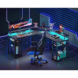 Coleshome L Shaped Gaming Desk with LED Lights & Power Outlets, Reversible 56" Computer Desk with Full Monitor Stand & Storage Shelves, Ergonomic Home Office Corner Desk, Black Carbon Fiber