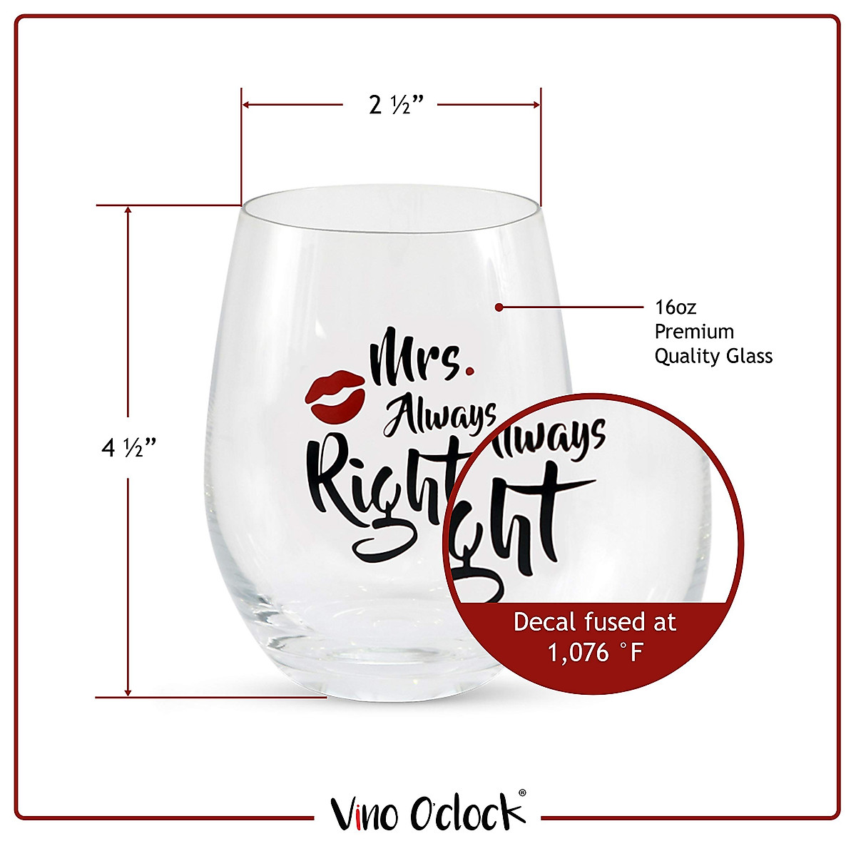 Vino O'clock Mr Right and Mrs Always Right Wine Glasses Gift Set For Bridal Shower, Married Couples, Weddings, Engagements, Newlyweds, Anniversary / 16oz