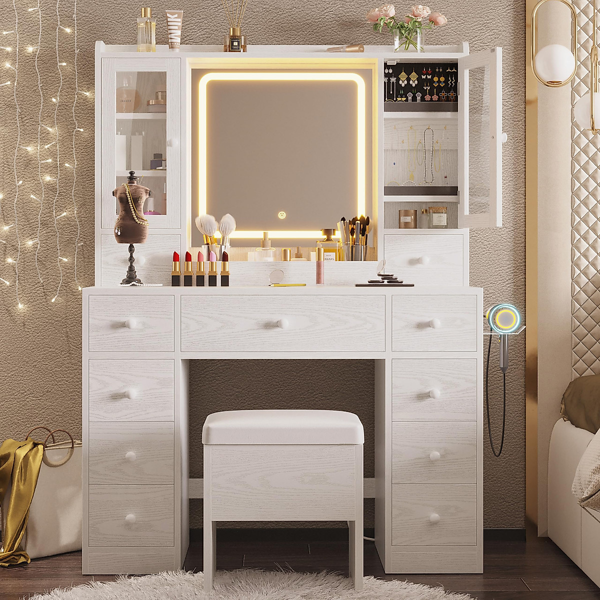 IRONCK Vanity Desk with LED Lights Mirror and Charging Station, Makeup Vanity Table with Jewelry Armoire, Storage Bench, and 11 Drawers, White