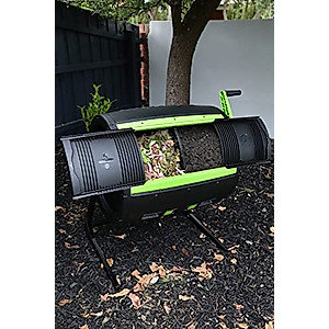 Maze 65 Gallon Dual Chamber Compost Tumbler with Large Double Door and Open Base and Comes with Maze Compost Cart
