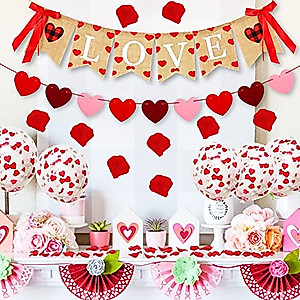Valentines Day Banner Decorations, Valentines LOVE Burlap Banners with 1000Pcs Red Artificial Rose Flower Petal Heart Shape Banner Red Heart Confetti Balloons for Valentines Day Wedding Decorations