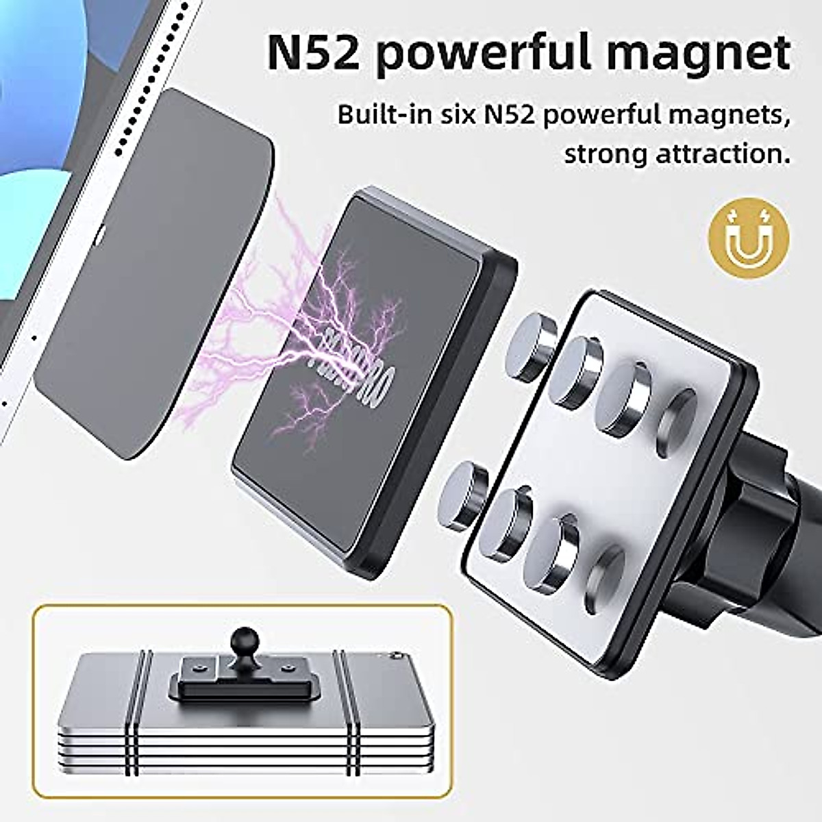 PLDHPRO Magnetic Car Phone Tablet Holder for iPhone iPad Size 4"- 10" Tablets, Dashboard Dash Windshield Mount 360° Rotating Super Strong Magnet TPU Suction Washable Strong Sticky Gel