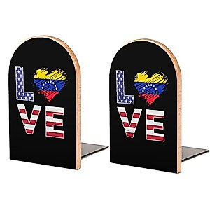 USA Venezuela Flag Heart Wood Book Ends for Shelves Non-Skid Bookend Book Stand Book Holder Stopper for Home Office School