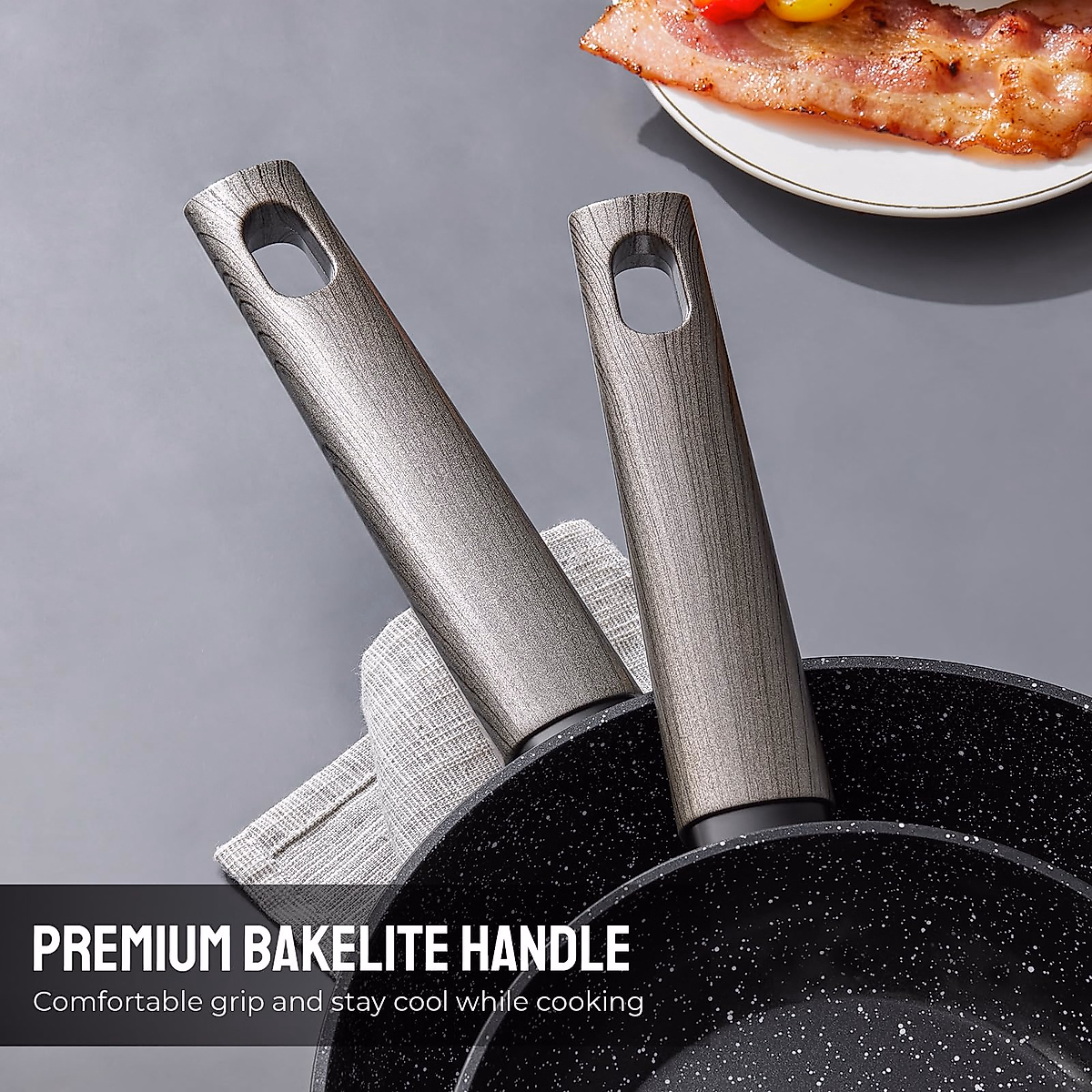 BEZIA Induction Cookware Set 15-Piece, Nonstick Pots and Pans Set, Non Stick Kitchen Cooking Cookware Set with Stay-Cool Bakelite Handle, Dishwasher Safe, Compatible with All Stoves, Black