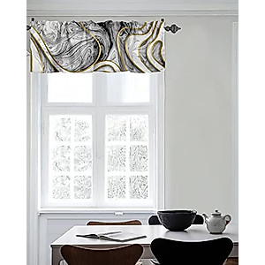 WARM TOUR Curtain Valance for Windows White Gray Abstract Marble Kitchen Valances Rod Pocket Short Curtains,Gold Foil Line Art Window Treatment Panel for Living Room Bathroom Bedroom 60x18in