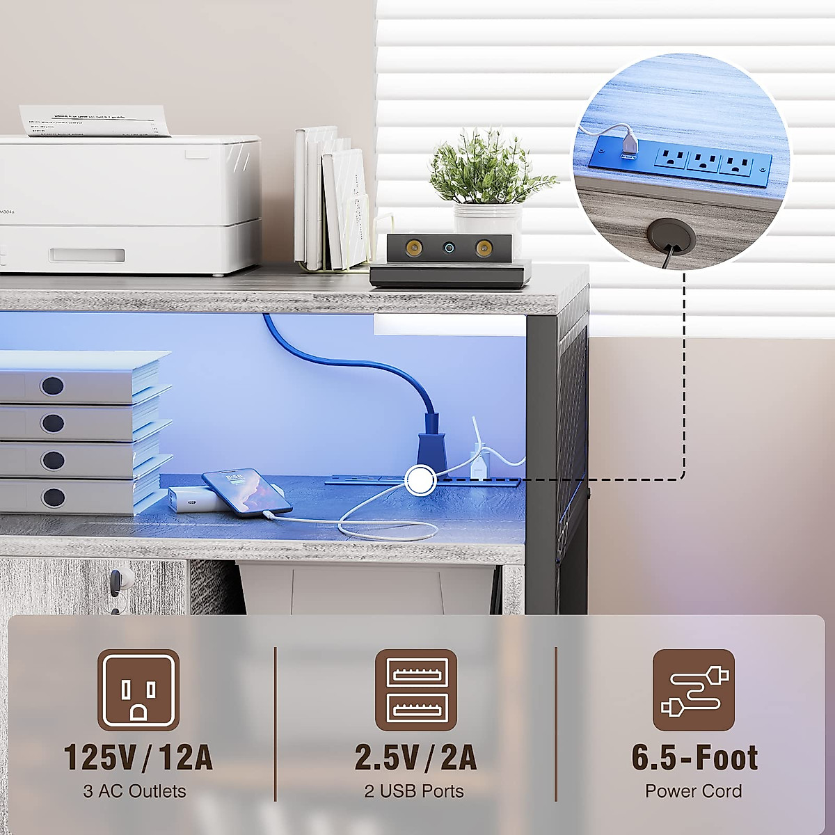 Unikito File Cabinet with LED Lights, Lateral Filing Cabinet with Power Outlets and USB Charging Ports, Printer Stand with Storage, Office Cabinet for Letter, A4, Legal and File Folders, Light Walnut