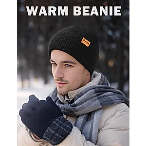 Black Beanie Hats for Men Guys, Warm Winter Hat Snow Skull Caps, Daily Thermal Stocking Caps, Fall Spring Knit Cookies Beanie, Striped Cuffed Beanie for Toboggan Ski Skate Hiking Golf