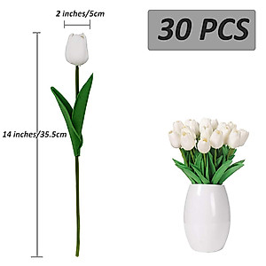 KOILLUXU Artificial Flowers 30pcs Bouquet 14" Tall Real Touch Tulips, White PU Fake Tulips Flowers for Arrangement Wedding Party or Easter Spring Home Centerpiece Dining Room Office Table Decoration