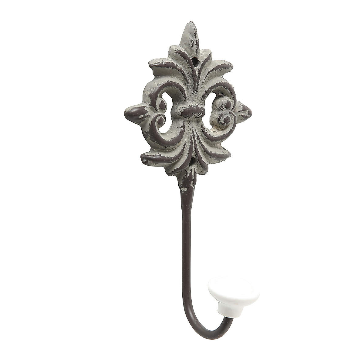 Chateaux Fleur De Lis Wall Hooks, Set of 4, Shabby Distressed Finish, French Country Style, Rustic Bronze, Rubbed White Patina, Cast Iron, Vintage Inspired, Porcelain Caps, Each 6 Inches Tall