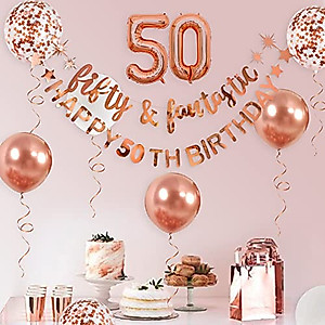 Rose Gold Fifty & Fantastic Happy 50th Birthday Banner Garland Foil Balloon 50 for Womens 50th Birthday Decorations Hanging 50 and Fabulous Cheers to 50 Years Old Birthday Party Supplies Backdrop