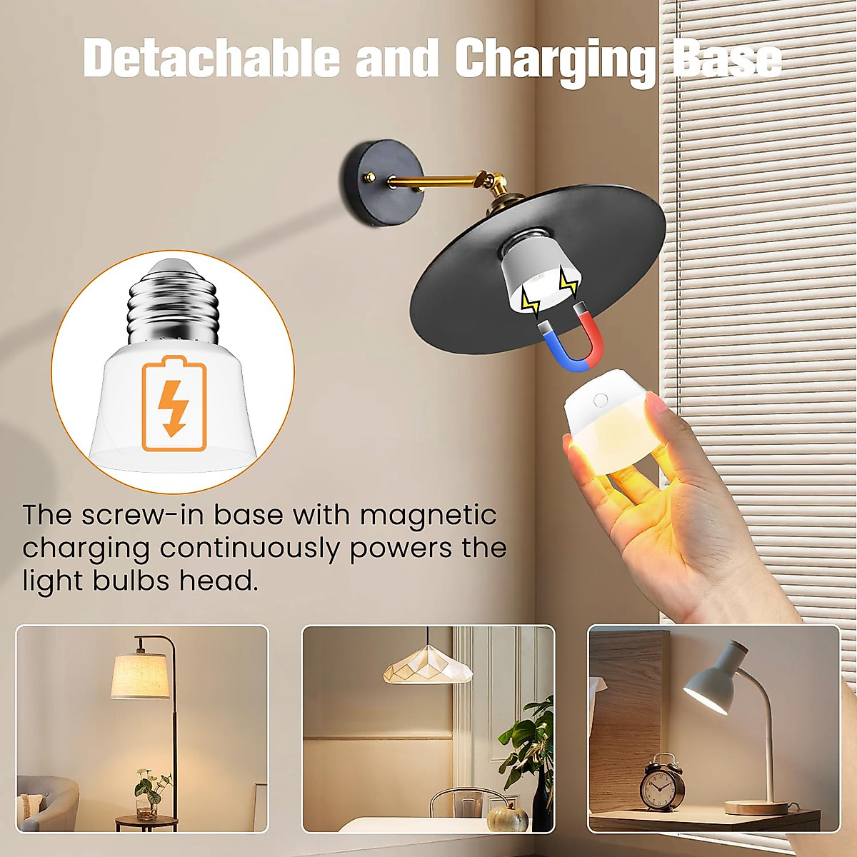 SCOPOW Magnetic and USB Charging 2IN1 Rechargeable Light Bulb with Remote Control Timer and 3 Color Temperature Battery Operated Light Bulb Dimmer Emergency LED Light Bulbs Detachable(E26, 2)