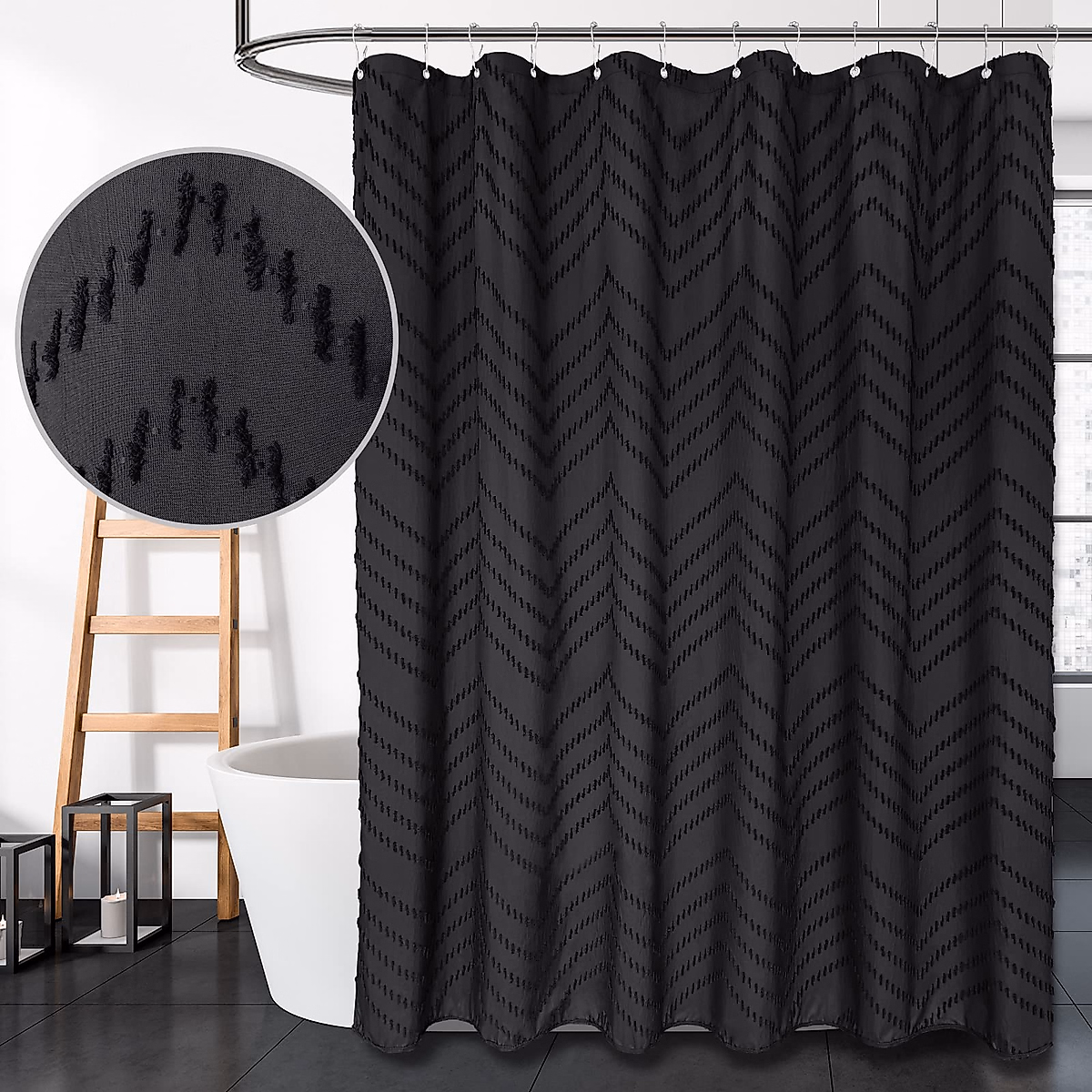 Black Boho Shower Curtain Modern Fabric Shower Curtain Shabby Chic Chenille Tufted Chevron Textured Striped Minimalist Shower Curtain 72 x 72 Inches