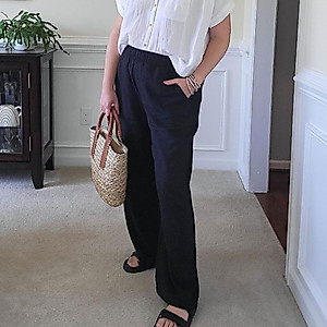 Hixiaohe Women's Casual Linen Pants Summer Elastic High Waisted Trouser Loose Wide Leg Pants(Black,XL)