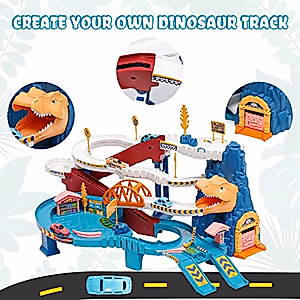 Race Track Toys for Kids Car Adventure Toy Dinosaur Climbing Hills Railcar with 4 Cars Colorful Vehicles Construction Play Set