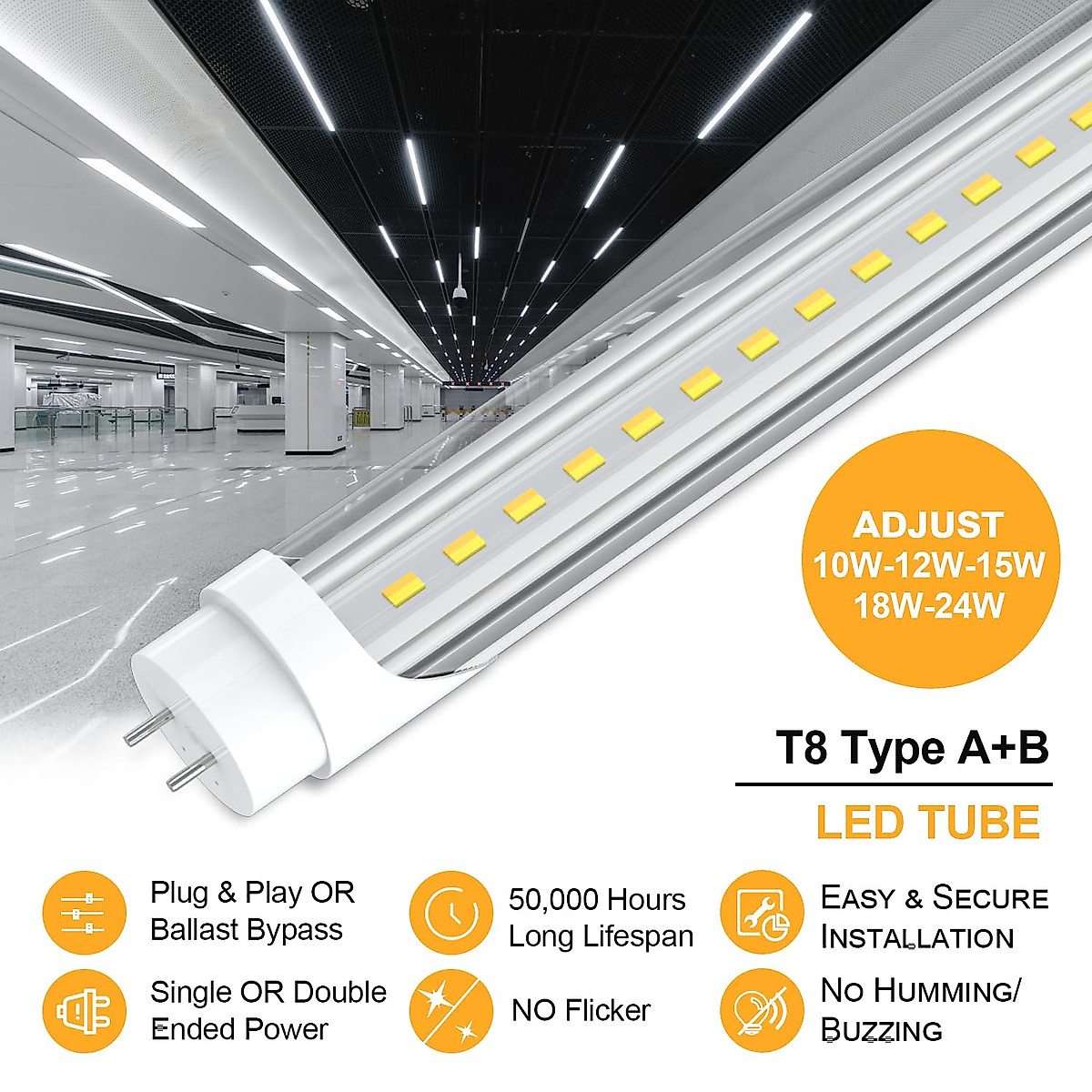 T8 LED Tube Light Bulbs 4 Foot, 5 Power(10W-24W)& 6CCT(3000K-6500K) All in 1,Plug & Play or Ballast Bypass,T8 T12 4ft Fluorescent Tube Light Bulbs Replacement, Type A+B Tube, ETL DLC(Clear-6Pack)