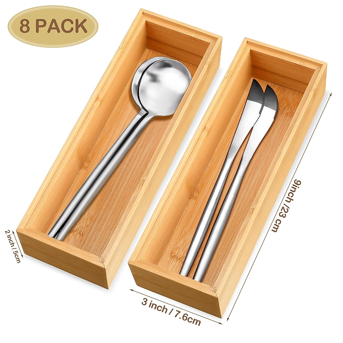 Kigley 8 Pieces Bamboo Drawer Organizer Kitchen Utensils Wooden Utensil Organizer for Drawers Stackable Wooden Storage Box Bamboo Silverware Tray for Drawer (9 x 3 x 2 Inch)