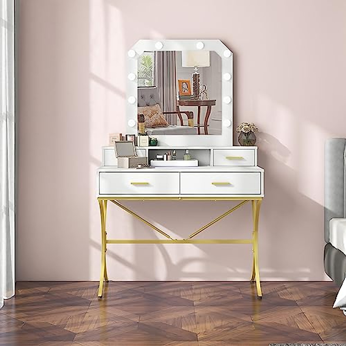 Vanity Table with Lighted Mirror, Modern Makeup Vanity Table with 10 Lights Makeup Desk 4 Drawer Storage Dressing Table for Bedroom (White)