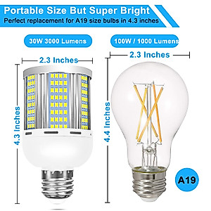 2 Pack 200W Equivalent Led Corn Light Bulb, 3000 Lumen 5000K Daylight White 30W LED Corn Lamp, E26/E27 Base LED Light Bulb for Home Garden Garage Backyard Street Office Household