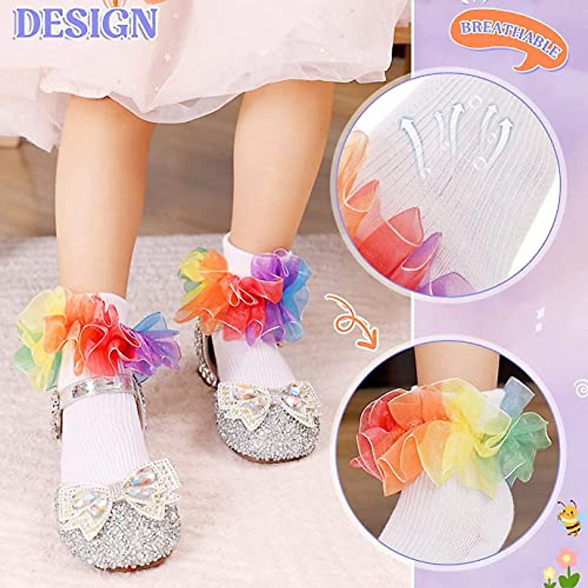 Hopply Baby Girls Ruffle Rainbow Socks Toddler Princess Ankle Lace Socks Infant Kids Big Double Lace Frilly Trim Dress Socks