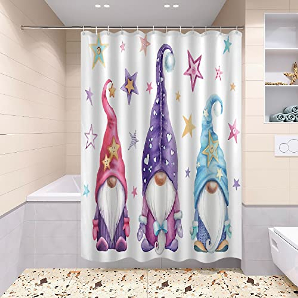 4PCS Magic Gnomes with Stars Shower Curtain Set with Non-Slip Rugs, Toilet Lid Cover and Bath U-Shaped Mat, Bathroom Decor Set Accessories Waterproof Shower Curtain Sets with 12 Hooks