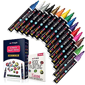 Paint pens for Rock Painting - Wood, Glass, Metal and Ceramic Works on Almost All Surfaces Set of 15 Vibrant Medium tip Oil Paint Marker Pens, Quick Dry, Water Resistant
