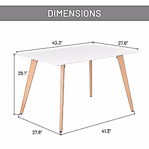 FurnitureR Rectangular 43.3 Inch for 4-6 People Modern Functional White Table with Stable Solid Wood Legs for Home Office Kitchen Dining Room Small Spaces