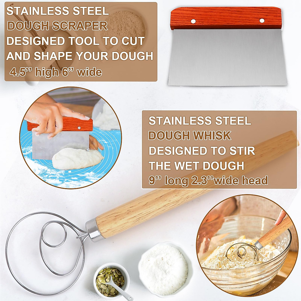 11'' Round & 10'' Oval Banneton Bread Proofing Basket Set, 32Pcs Cane Sourdough Bread Baking Supplies with Bread Lame, Dough Scraper, Linen Liner, Brush Stencil, Bread Making Kit for Christmas