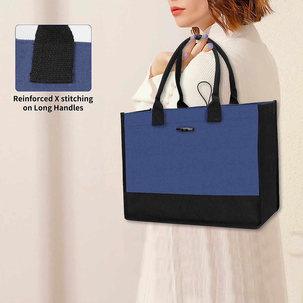 Aricsen Large Canvas Shopping Tote Bag with Handles for Women Gift Grocery Beach Holidays, Reusable Blank Clearance Eco Burlap Cloth Jute Fabric Handbag for Kitchen, Black & Blue