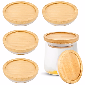 6 Pack Yogurt Jar Lids Set Bamboo Wood Lids with Silicone Sealing Rings Compatible with Oui Yogurt Jars Airtight Glass Storage