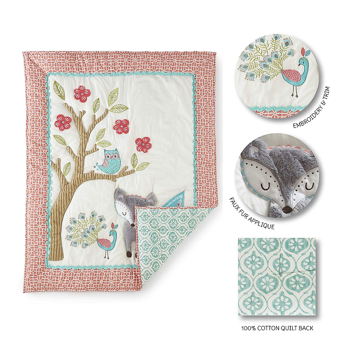 Levtex Baby - Fiona Crib Bed Set - Baby Nursery Set - Pink, Teal, and White - Woodland Forest Theme - 5 Piece Set Includes Quilt, Two Fitted Sheets, Wall Decal & Skirt/Dust Ruffle