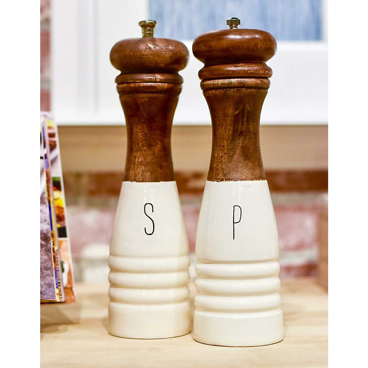 Mud Pie Farmhouse Wood and Enamel Mills Salt and Pepper Set, 10 1/2" x 3" dia, White, Brown