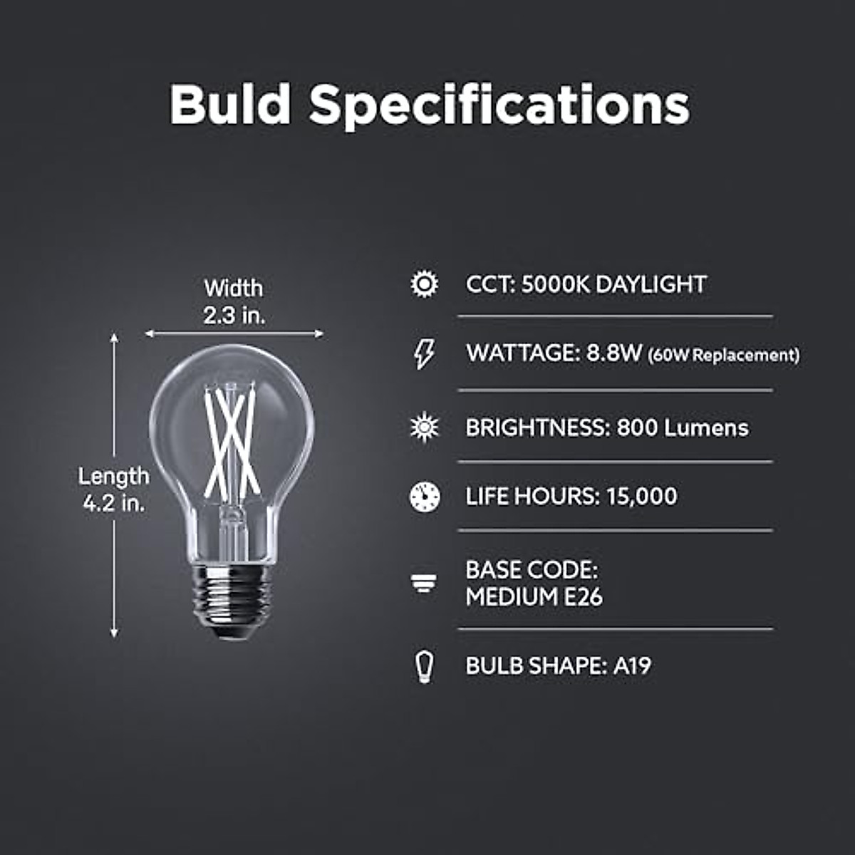 Feit Electric LED Built-in Dusk to Dawn Sensor Intellibulb - Clear Filament A19 with an E26 Medium Base Light Bulb - 60W Equivalent - 15 Year Life - 800 Lumen - 5000K Daylight
