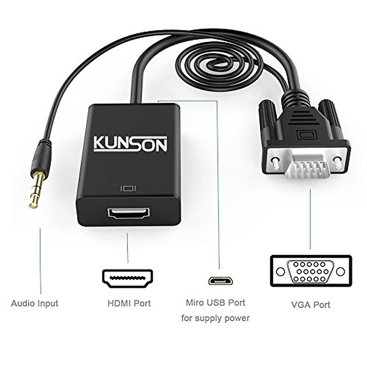 KUNSON VGA to HDMI Audio USB Conversion Cable, Slim Design, No Power Adapter Required, Supports Plug and Play, Suitable for Most Electronic Devices