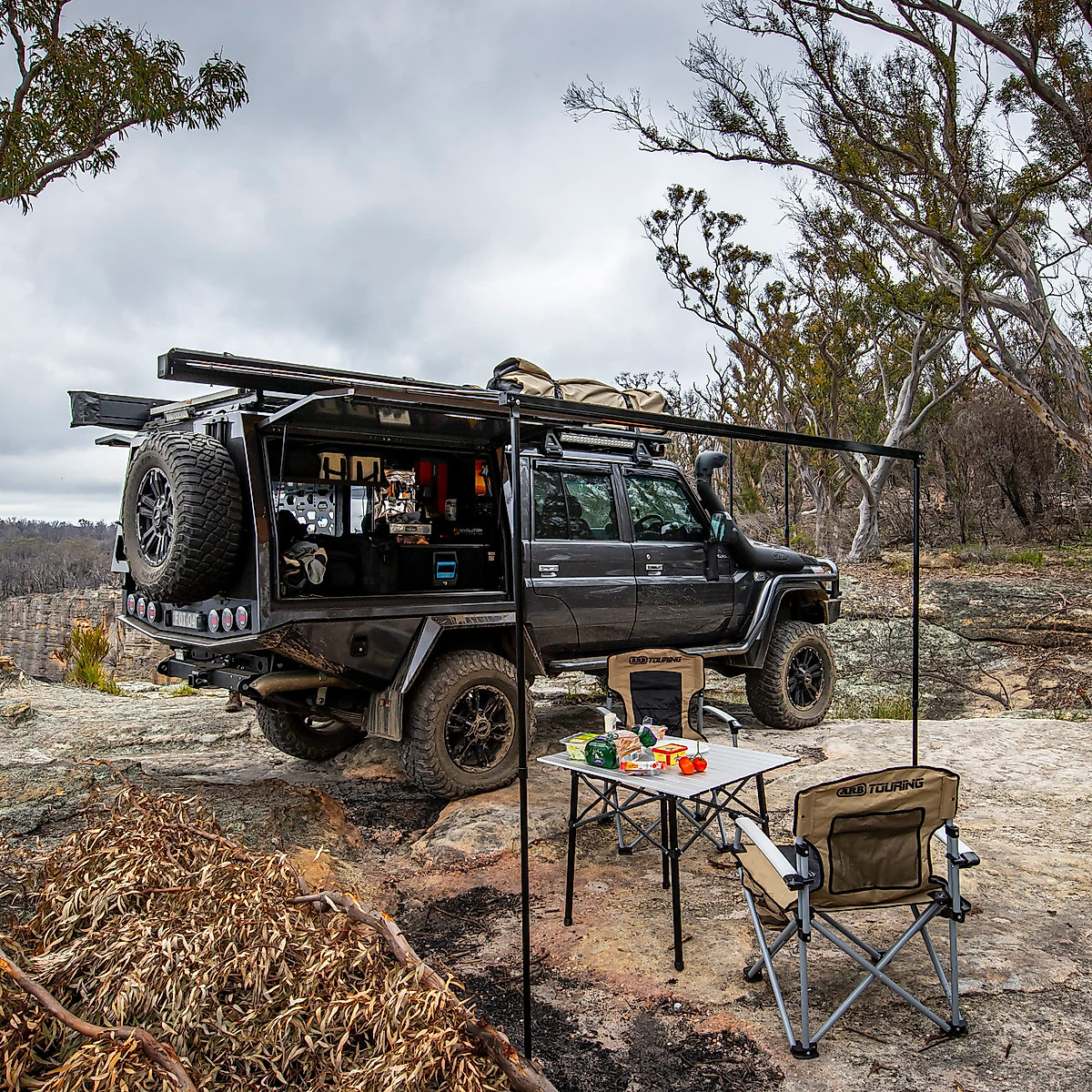ARB 814412A Black Aluminium Retractable Awning with Dimmable Dual Colour Light 2500mm x 2500 mm or 8.2ft x 8.2ft, for Trucks, SUVs, RV, Campers