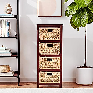 OSP Home Furnishings Seabrook Storage Tower with Solid Wood Frame and Natural Baskets, 4-Drawer, Espresso Finish