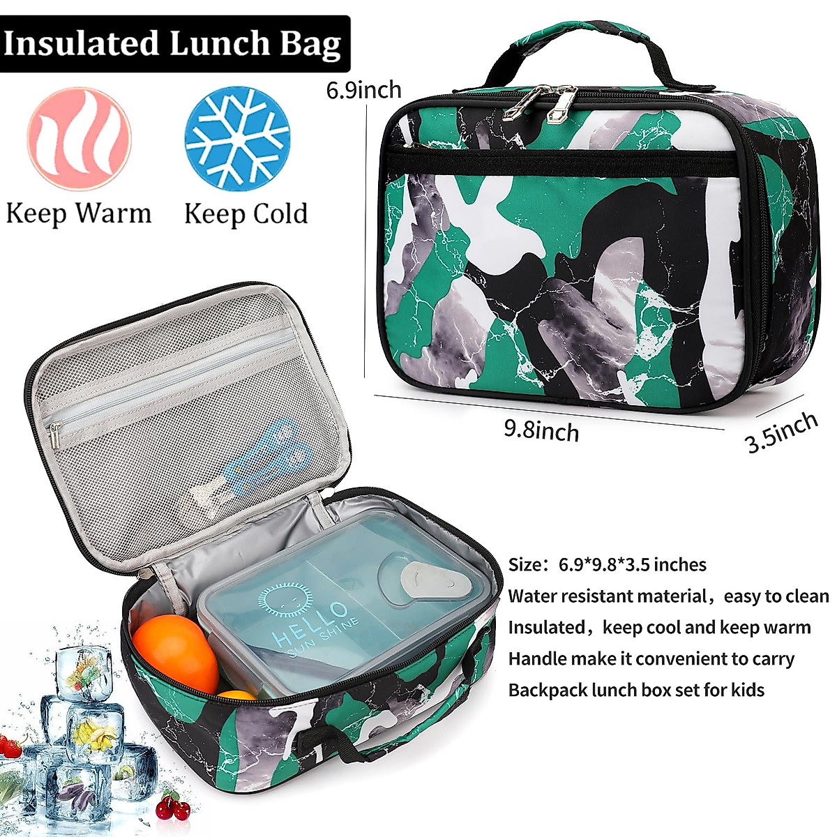 Yvechus Camo Backpack for Kids, Lightweight Camo Backpack Elementary Middle School Backpack Water Repellent Bookbag (Camo Green 2 in 1)