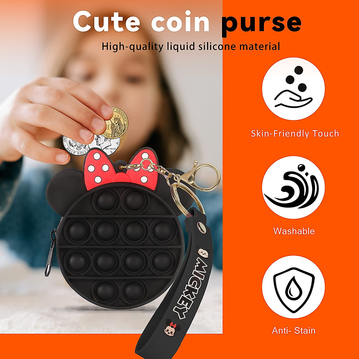 Besoar Black Bow Coin Purse for Girls Kids Women Teen Child Fidget Fidgets Toy Toys Change Purses Coins Cute Beauty Kawaii Small Mini Zipper Silicone Pouch Keychain Cartoon Design Cool Pouches