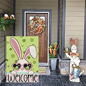 CROWNED BEAUTY Easter Bunny Garden Flag 12x18 Inch Double Sided for Outside Burlap Small Polka Dots Floral Welcome Yard Holiday Decoration