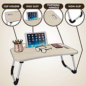 Folding Lap Desk for Bed and Sofa - Portable Wide Surface Bed Desk with Built-in Cup Holder and Tablet or Phone Slot for Working, Studying, Eating, and Watching Movies (Beige)