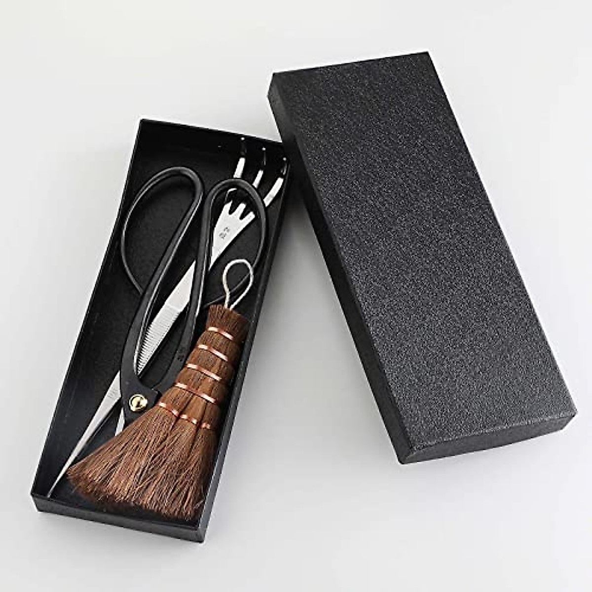 Wazakura Japanese Bonsai Garden 3PCS Tool Starter Kit, Made in Japan, Ashinaga Bonsai Scissors, Stainless Tweezers with Rake, Chinese Broom. Beginner Set with Shears, Tweezers and Soil Brush