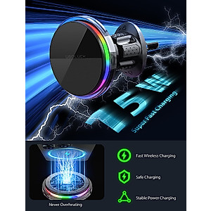 UGDLUCK for Magsafe Car Mount Charger, 15W Magnetic Wireless Car Charger with 8 RGB LED Backlit Magnetic Car Phone Holder Mount for iPhone 15 14 13 12