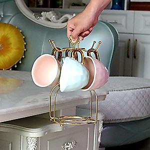 oAutoSjy Iron Coffee Cup Holder Gold Mug Holder with Hook & Handle Coffee Mug Rack Dishes Organizer Mug and Saucer Display Rack Wrought Iron Mug Drainer Storage Drying Rack for Counter Kitchen Office